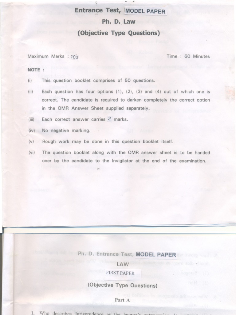 PhD Law Entrance Exam Model Paper | PDF | Jurisprudence | Supreme Court ...