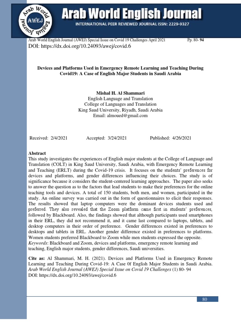 Arab World English Journal (AWEJ) Special Issue On Covid 19 Challenges ...