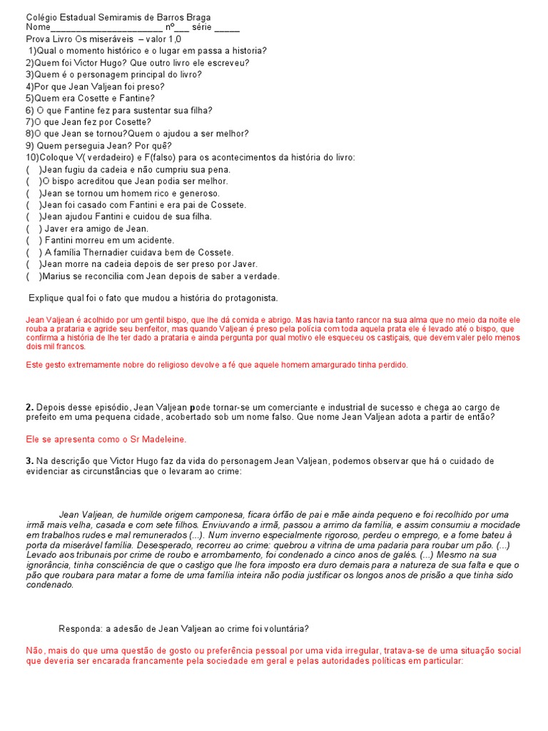 Prova Livro Os Miseráveis | PDF | Os Miseráveis | Cosette