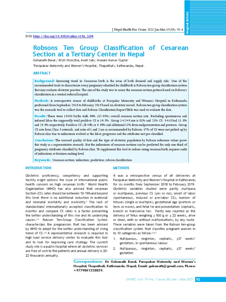 Robsons Ten Group Classification of Cesarean Section at A Tertiary ...