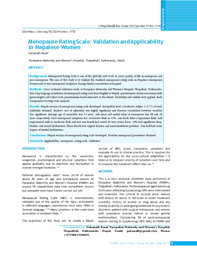 Menopause Rating Scale: Validation and Applicability in Nepalese Women ...