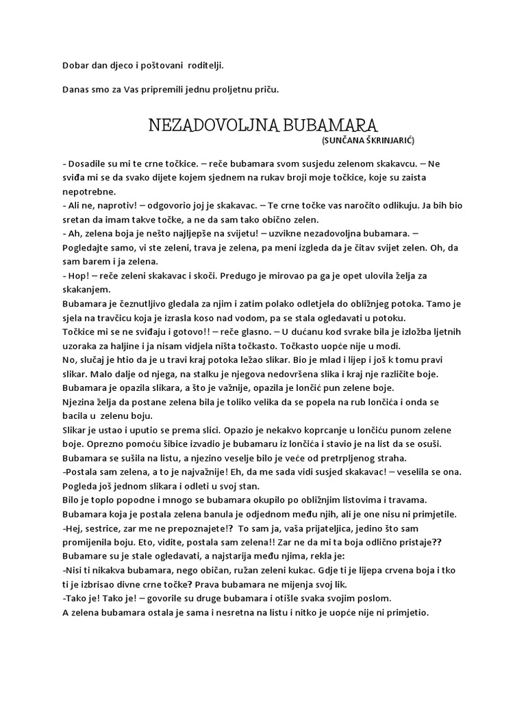 NEZADOVOLJNA BUBAMARA Program Predškole | PDF