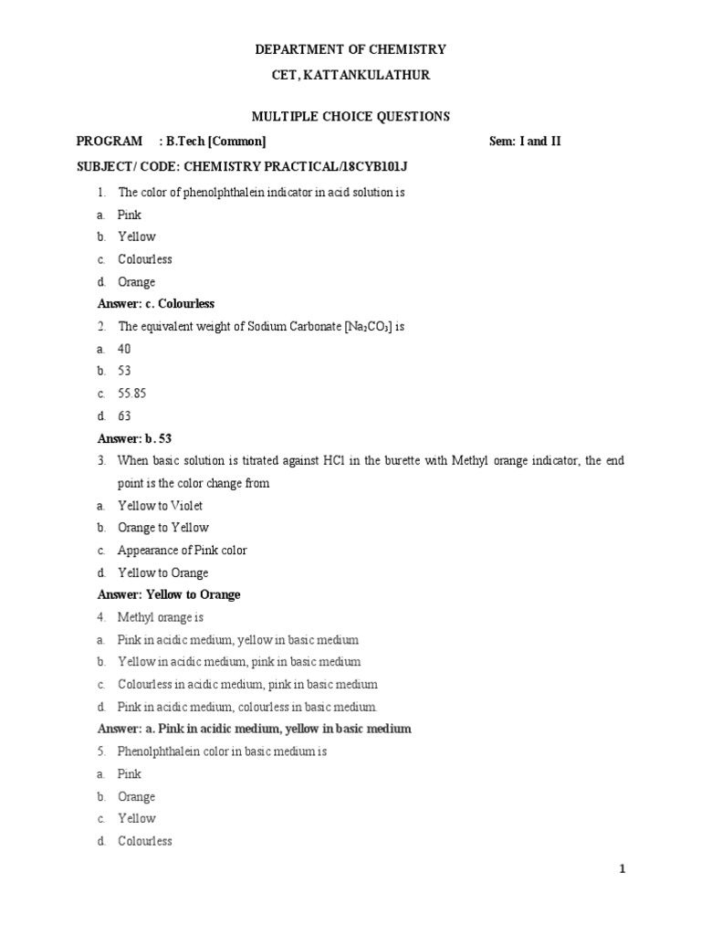 Chemistry Practical MCQs | PDF | Ph | Chemistry