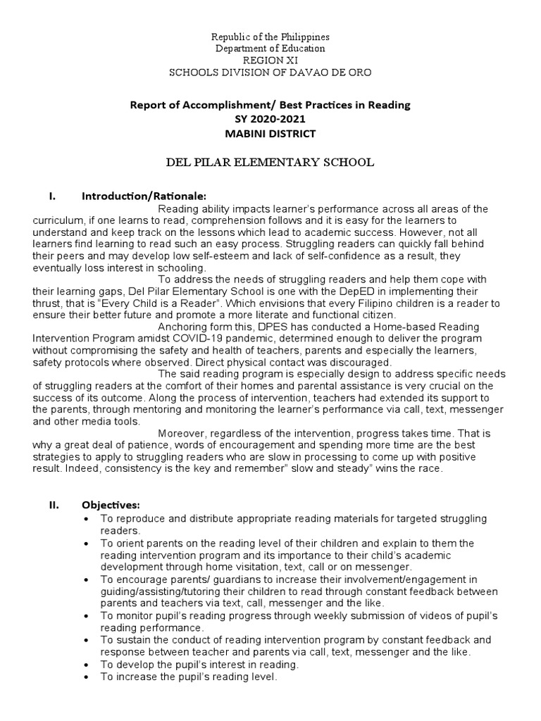 Report of Accomplishment/ Best Practices in Reading SY 2020-2021 Mabini ...