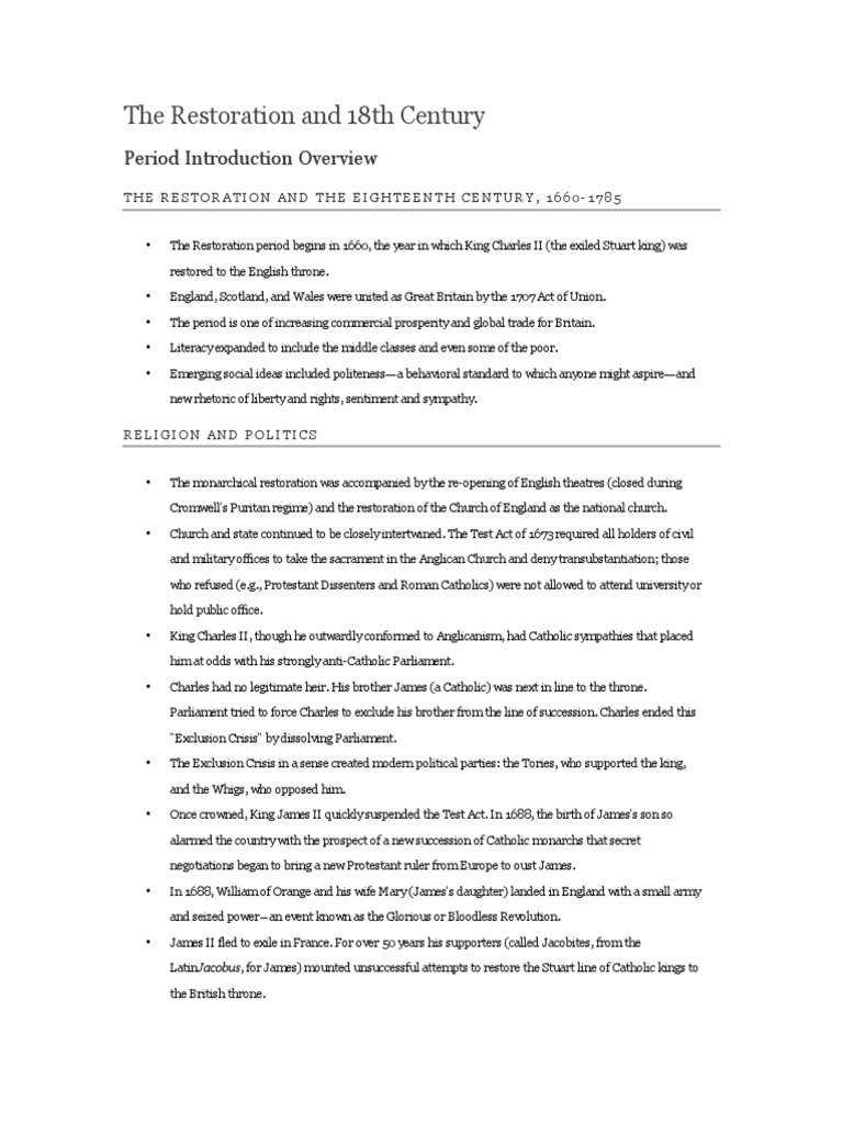 The Restoration and 18th Century Overview | PDF | Poetry | English ...