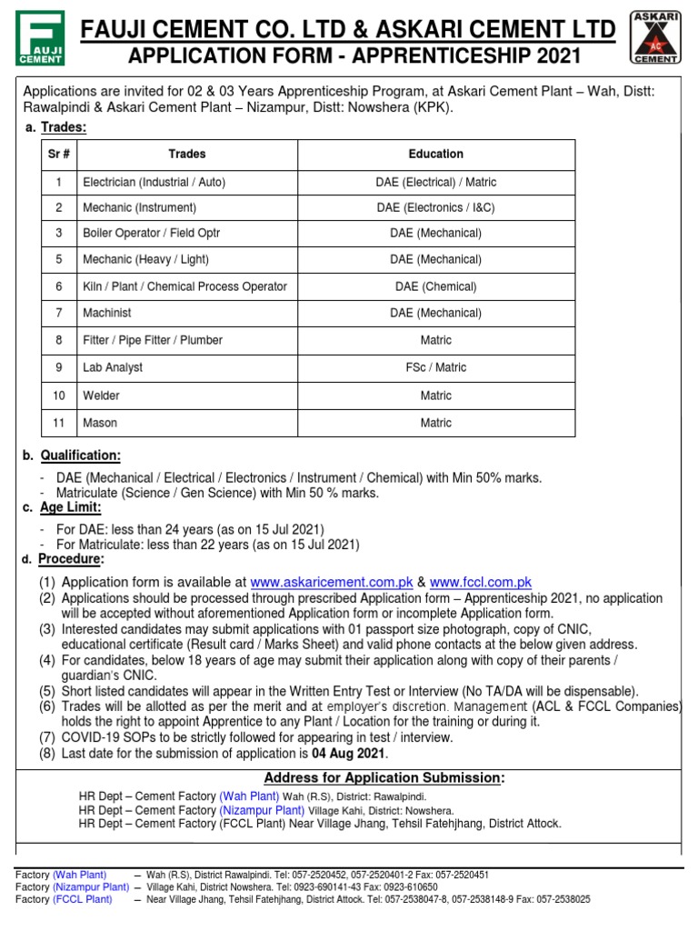 Fauji Cement Co. LTD & Askari Cement LTD: Application Form - Apprenticeship 2021 | PDF ...