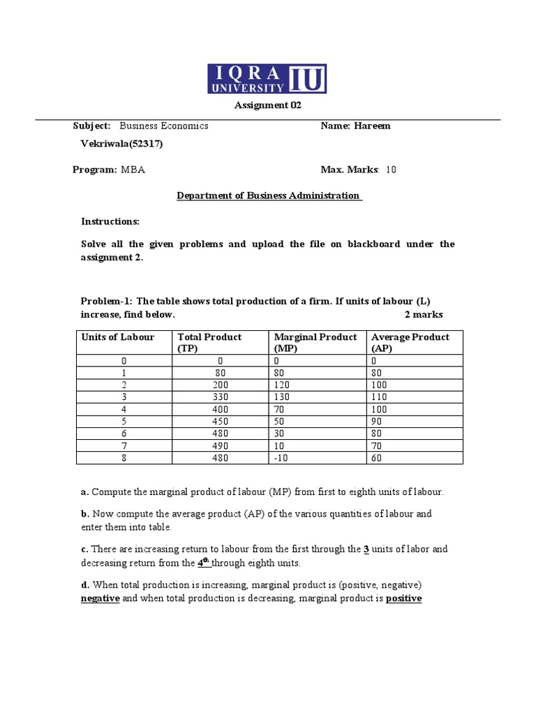 Business Economics Assignment Solutions | PDF | Marginal Cost ...