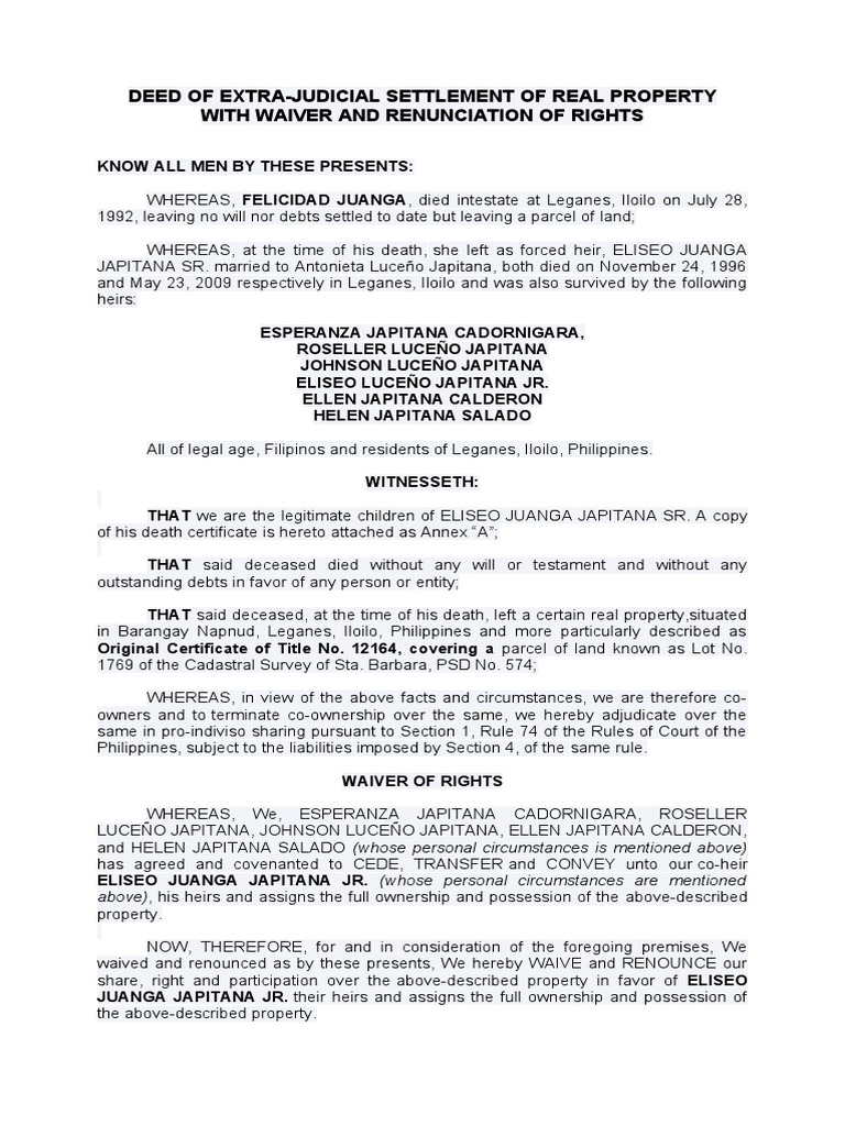 Deed of Extrajudicial Settlement of Estate | PDF | Government | Civil ...