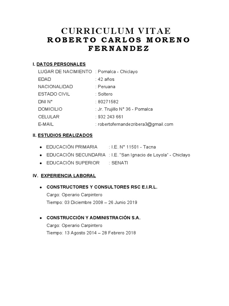 Curriculum Vitae Roberto Carlos Moreno | PDF