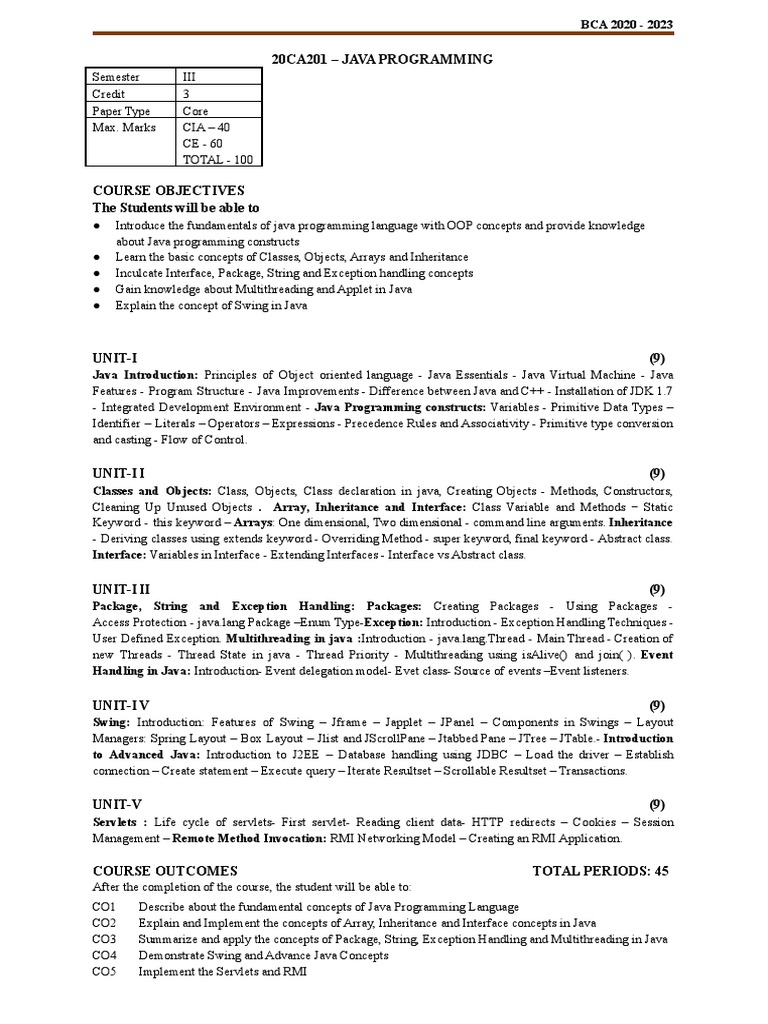 Java Programming Course Syllabus Bca 2020 2023 Pdf Java