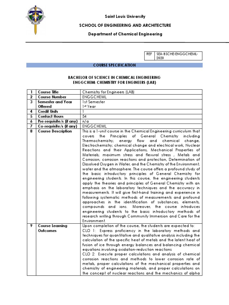 COURSE SPECIFICATION - EnggChemLab | PDF | Chemistry | Chemical Substances