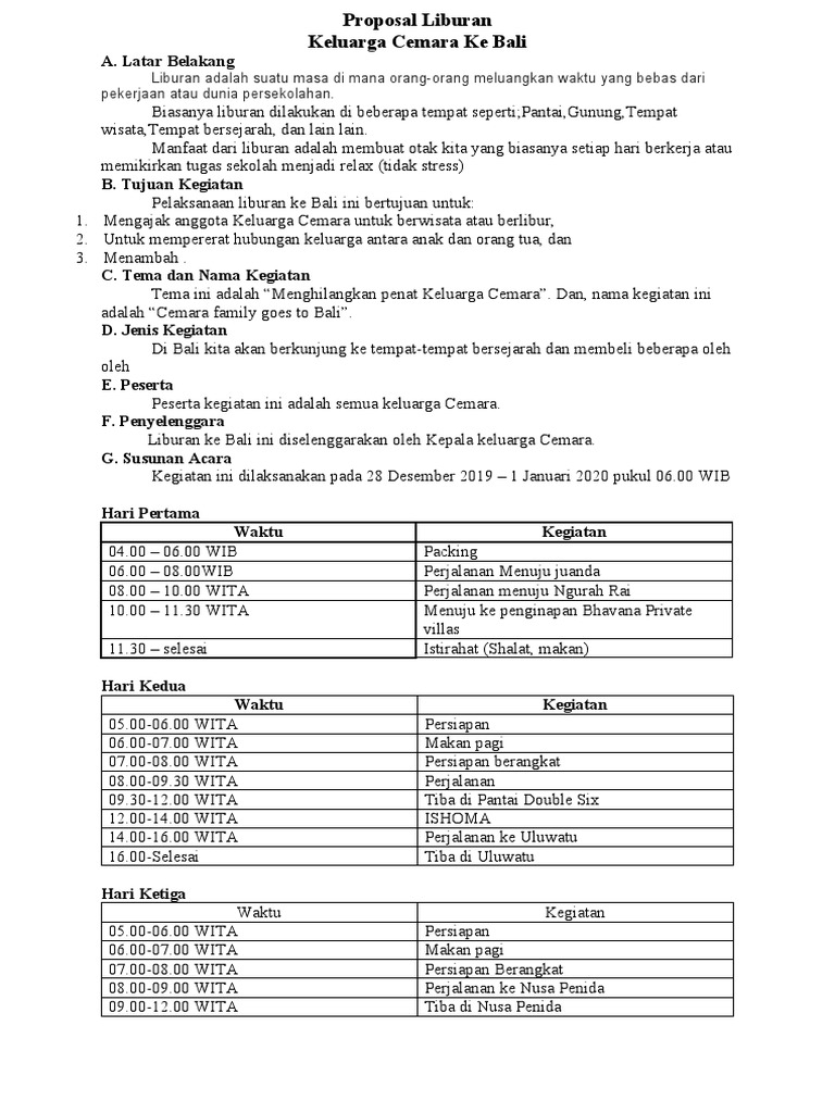 Proposal Kegiatan Wisata Ke Bali | PDF