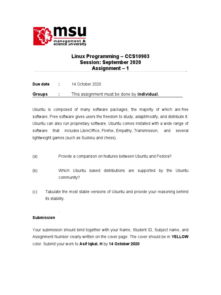 Linux Programming Ccs10903 Session September 2020 Assignment 1 Pdf Linux Fedora