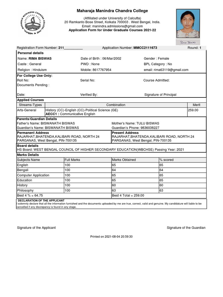 Maharaja Manindra Chandra College: Application Form For Under Graduate ...