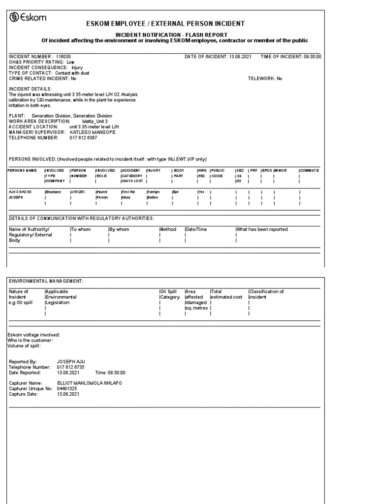 Eskom Employee / External Person Incident | PDF
