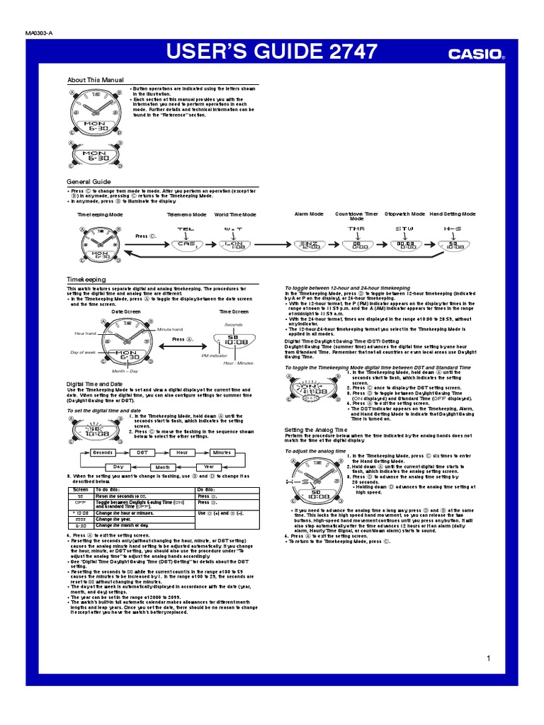 Casio 2747 User Manual: Time Setting Guide | PDF | Business