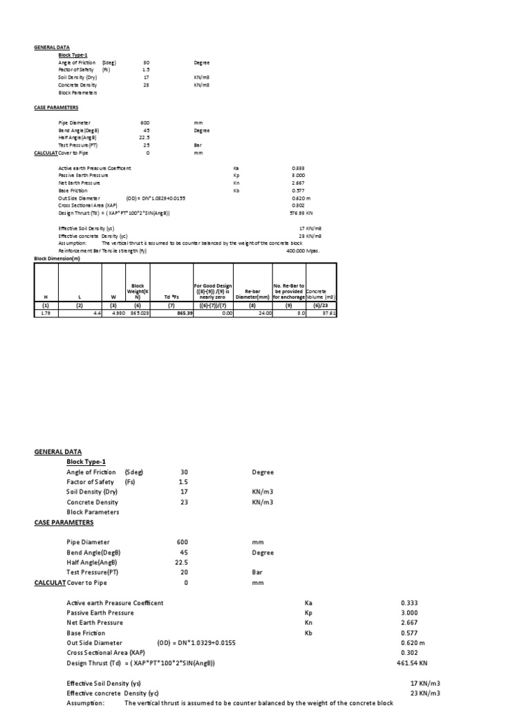 Vertical Thrust Block Design (DN 600) | PDF | Pressure | Concrete