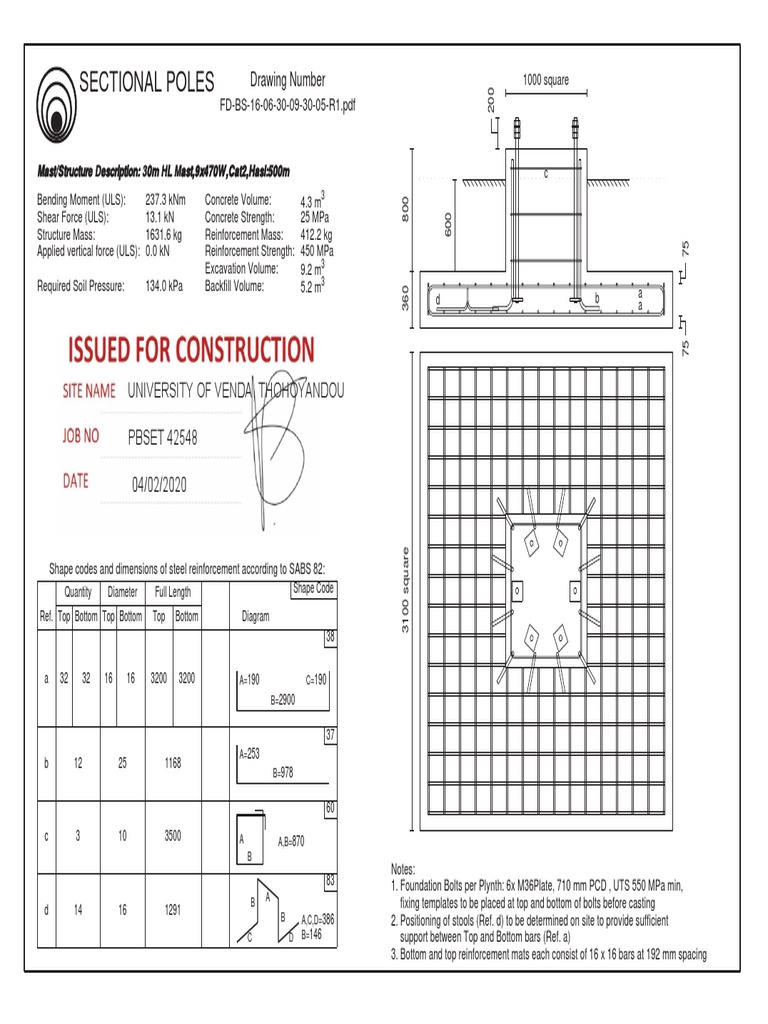 Design specifications and reinforcement details for a 30m high mast ...