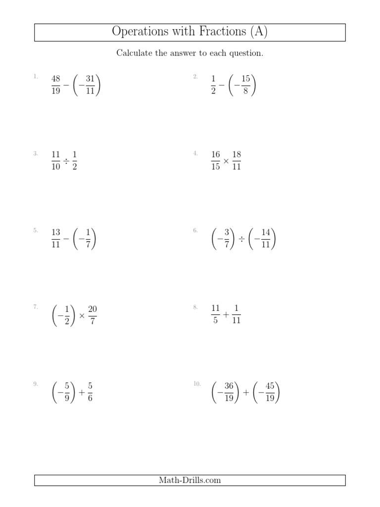 Operations With Fractions (A) : Calculate The Answer To Each Question ...