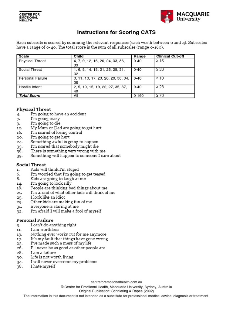 Instructions For Scoring CATS: Scale Child Range Clinical Cut-Off | PDF ...