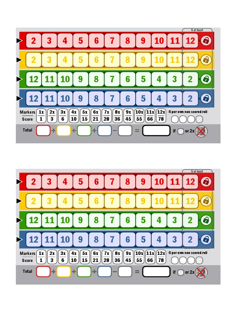 Qwixx Scoresheet en A4 v2 | PDF