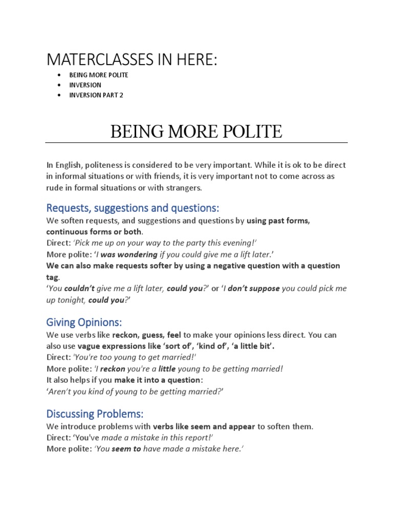 Being More Polite, Inversion, Inversion Part 2 | PDF | Verb | Subject ...