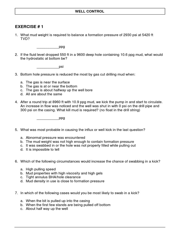 3 Well Control Exercises | PDF | Casing (Borehole) | Chemical Engineering