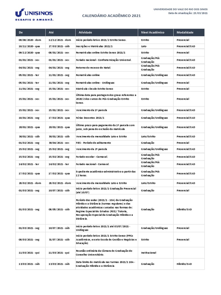 Calendario Academico Unisinos 2021 | PDF | Educação à distância | Pós ...