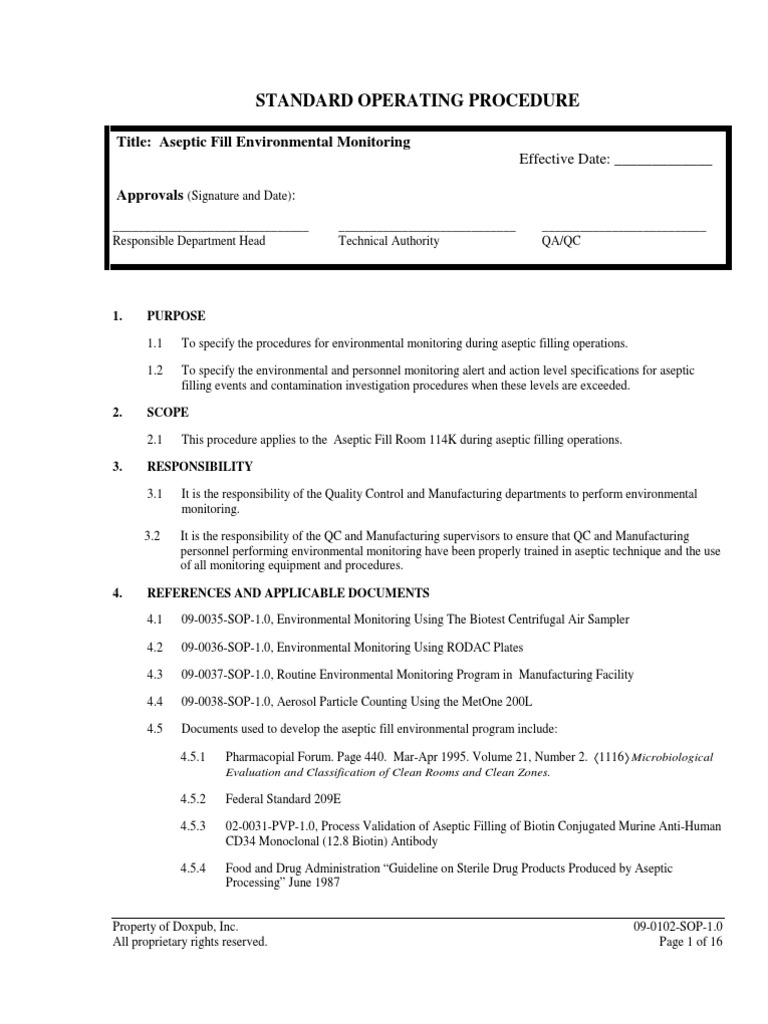 Aseptic Fill Environmental Monitoring SOP | PDF | Environmental ...