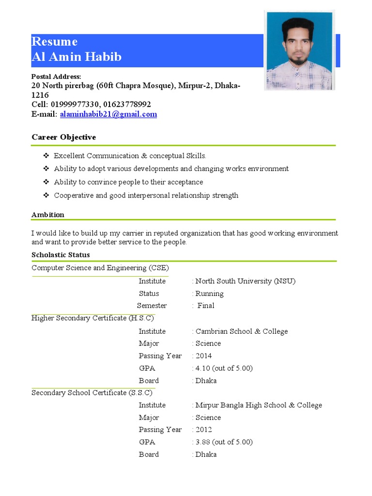 Al Amin Habib CV | PDF | Communication