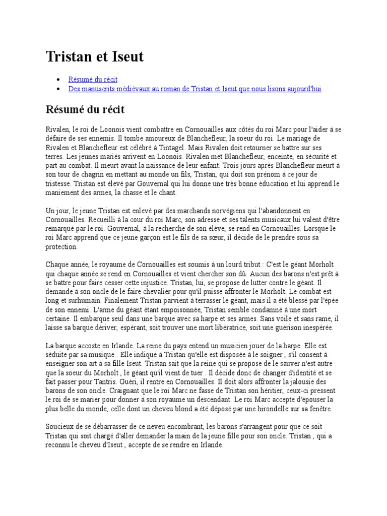 Résumé de Tristan et Iseut | PDF | Folklore et mythologie breton ...
