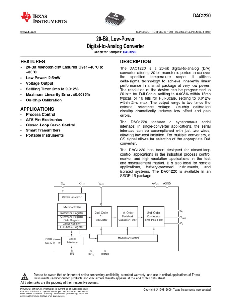 20-Bit, Low-Power Digital-to-Analog Converter: Features Description ...