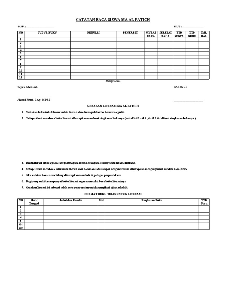 Catatan Baca Siswa, Gerakan Literasi, Format Literasi Ma Al Fatich | PDF