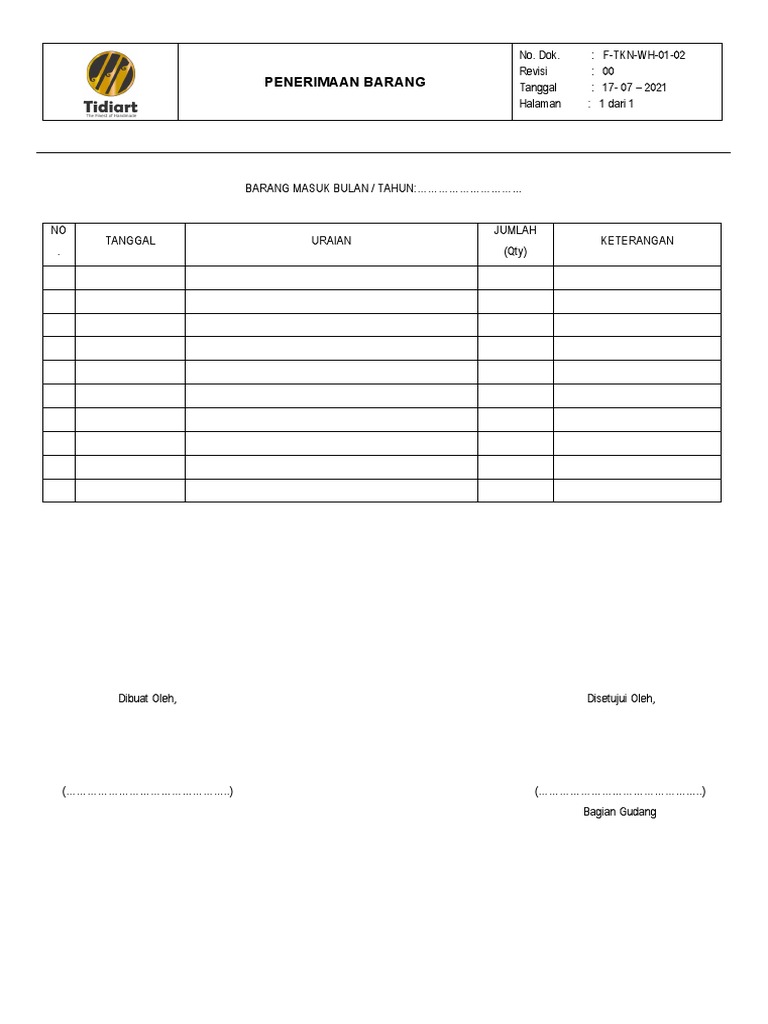 Form Penerimaan Barang Masuk F-TKN-WH-01-02 | PDF