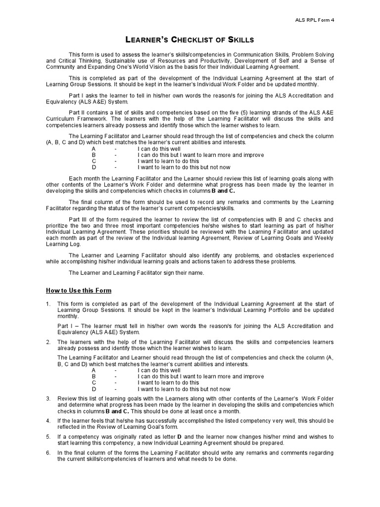 RPL Form 4 - Learners Checklist of Skills 2013 | PDF | Learning ...
