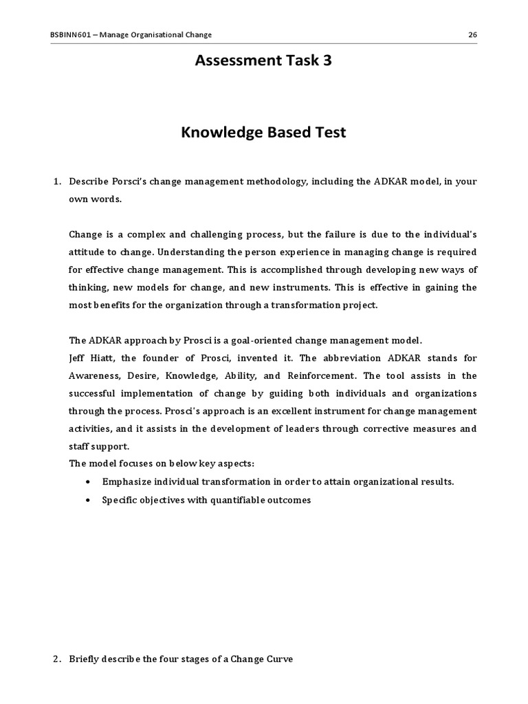 Assessment Task 3: BSBINN601 - Manage Organisational Change 26 | PDF | Change Management ...