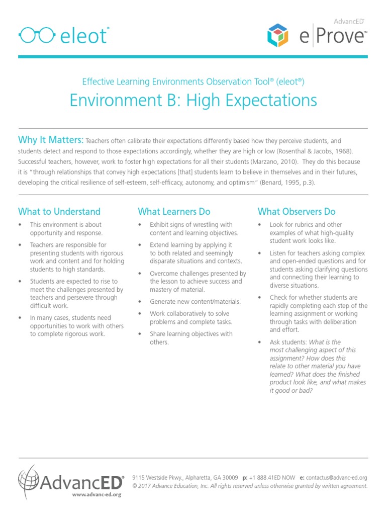 Environment B: High Expectations: Effective Learning Environments Observation Tool (Eleot) | PDF ...