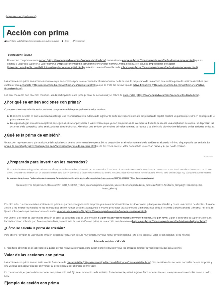 Acción Con Prima - Qué Es, Definición y Concepto - 2021 - Economipedia ...
