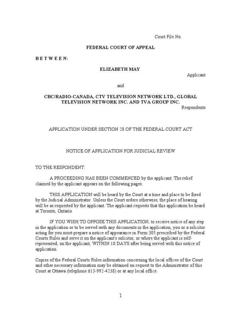Federal Court Notice of Application FORM 301 - v3 | PDF | Federal ...