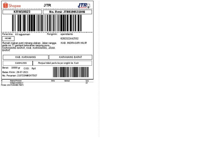 Label Pengiriman - Kargo - JNE Trucking (JTR) - 1 | PDF