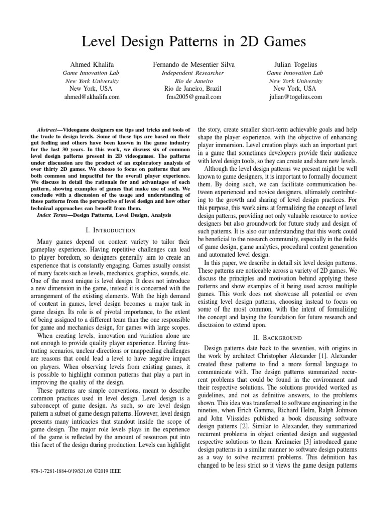 Level Design Patterns in 2D Games: Ahmed Khalifa Fernando de Mesentier Silva Julian Togelius ...