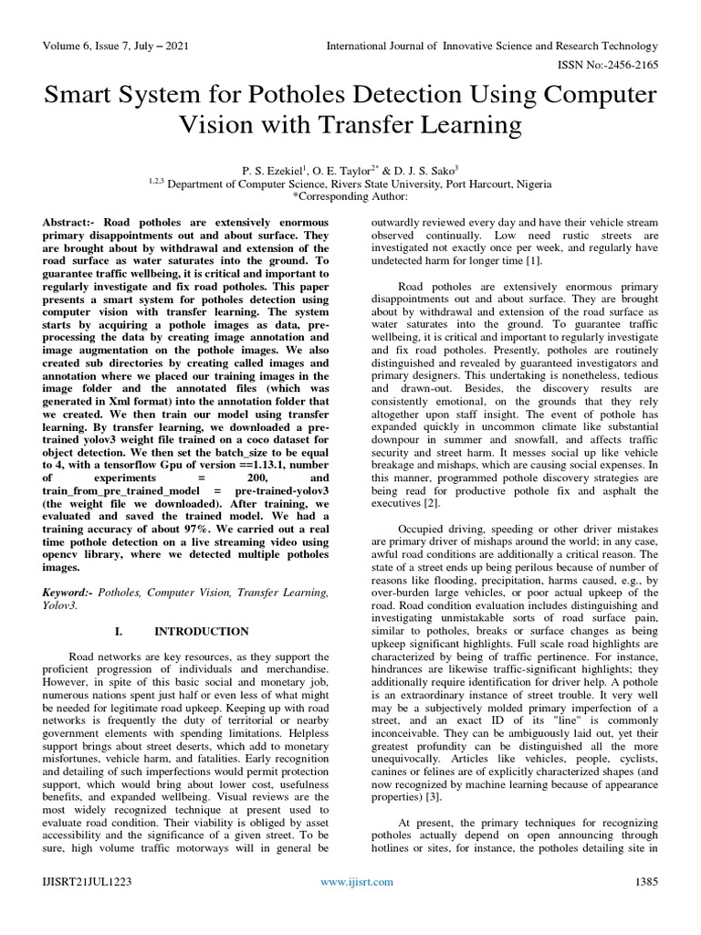 Smart System For Potholes Detection Using Computer Vision With Transfer