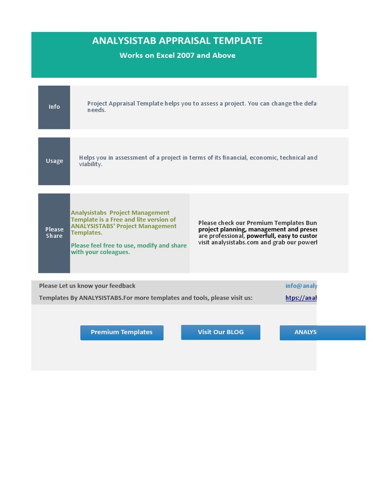 ANALYSISTABS Project Appraisal Template Excel | PDF | Computing | Software