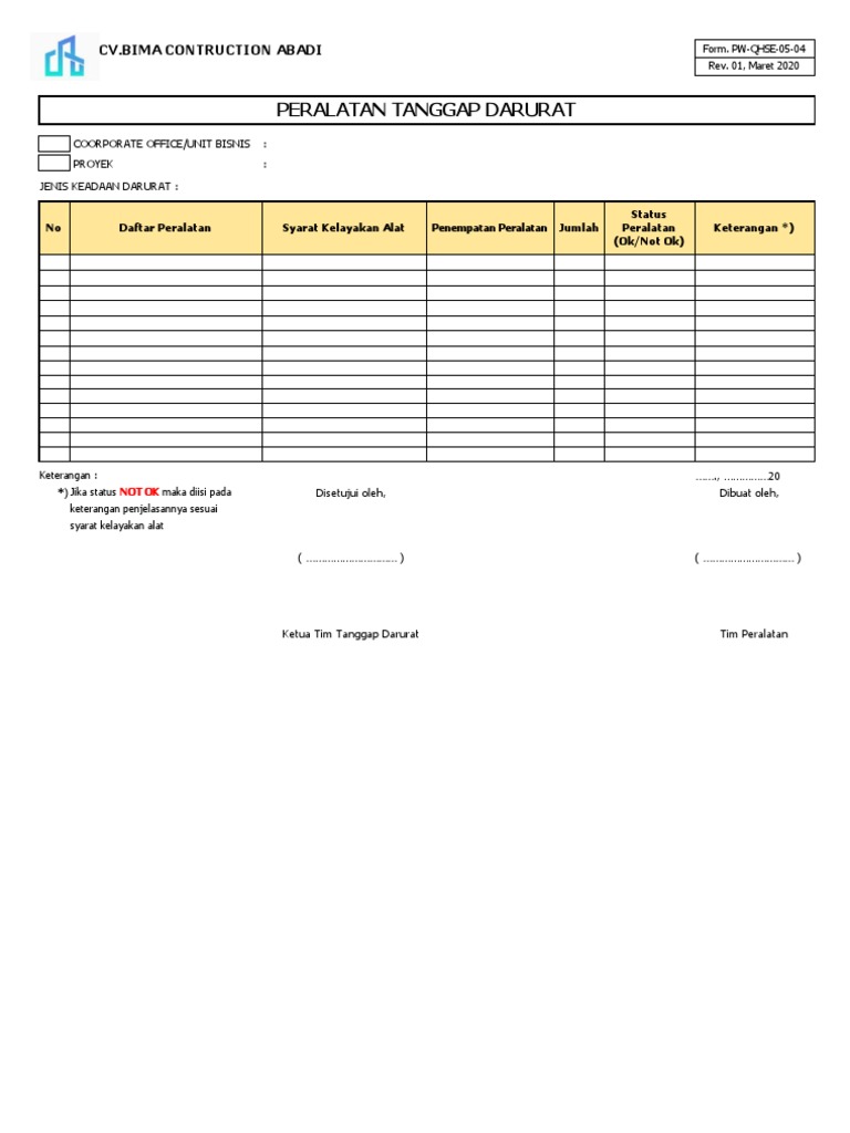 Form PW-QHSE-05-04 Daftar Peralatan Tanggap Darurat 2020 | PDF