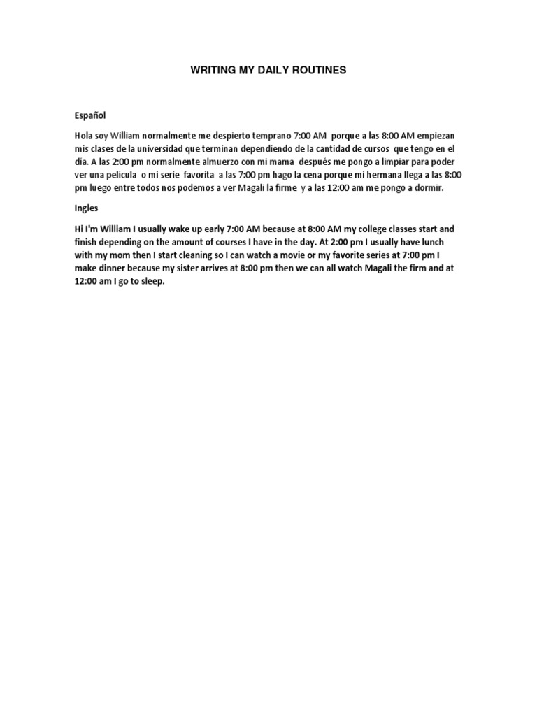 Writing My Daily Routines William | PDF | Cocina, comidas y vino ...