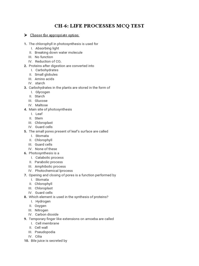 Ch-6: Life Processes MCQ Test: Choose The Appropriate Option | PDF