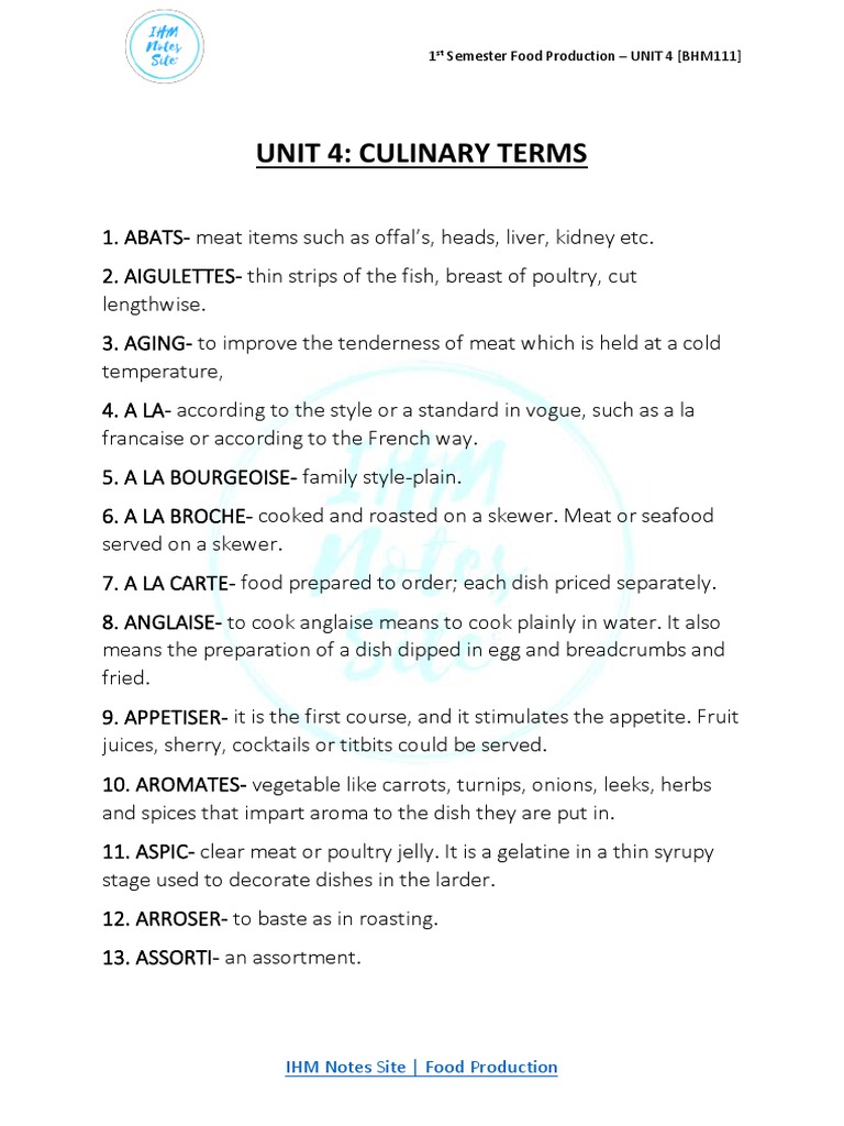 Unit 4: Culinary Terms: IHM Notes Site - Food Production | PDF | Hors D ...