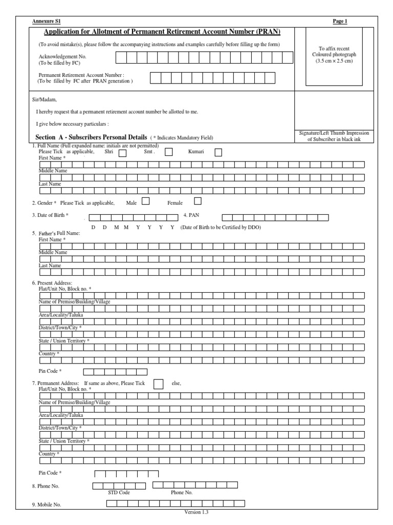 Application For Allotment of Permanent Retirement Account Number (PRAN ...