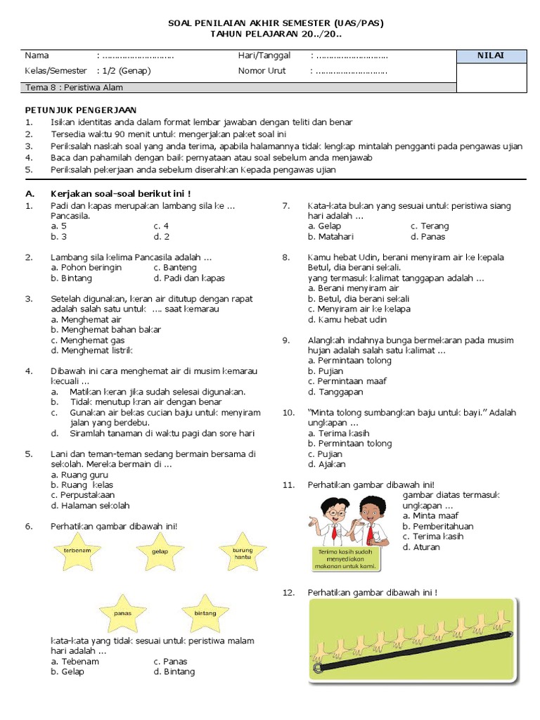 Soal PAS Kelas 1 Tema 8 - Kami Madrasah | PDF
