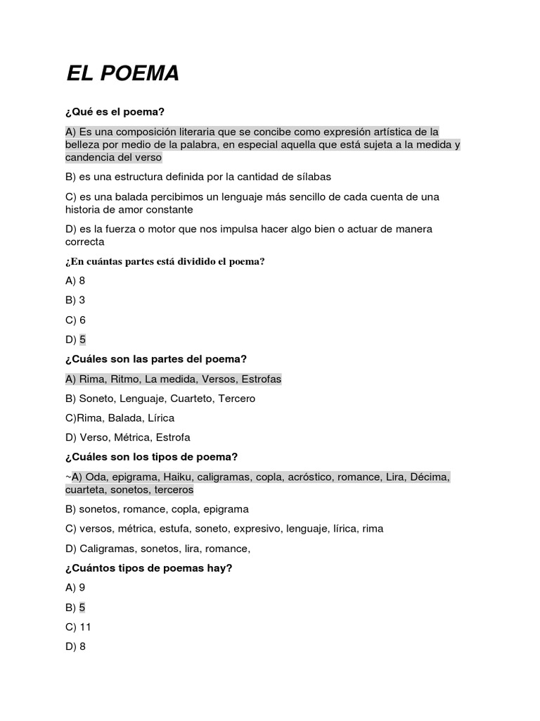 Preguntas sobre la estructura del poema | PDF | Arte | Poesía